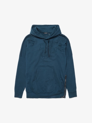 Balmain Deep Turquoise Dragon Embossed Side Zipped Cotton Hoodie