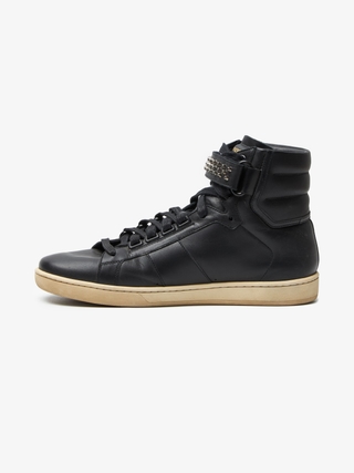 Saint Laurent Paris Black High Top Velcro Metal Studded Leather Sneakers
