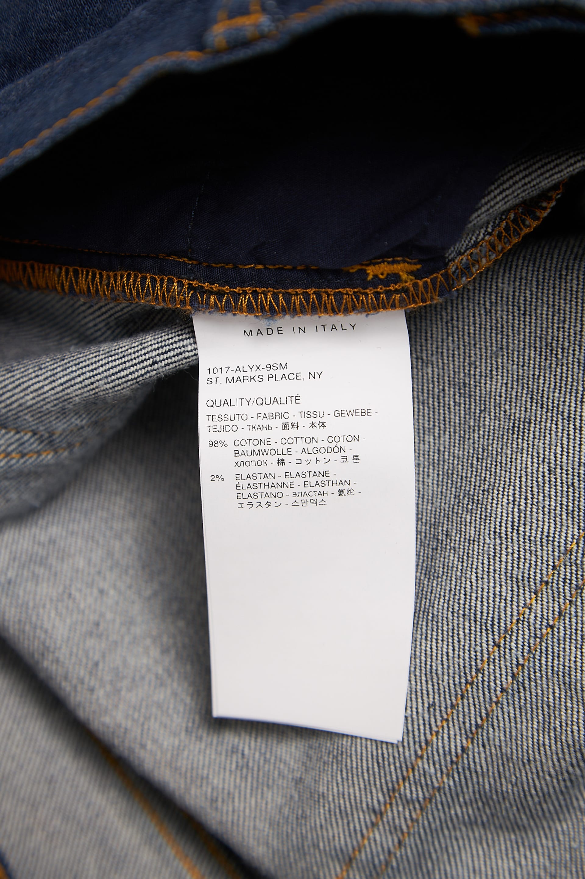 1017 ALYX 9SM Dark Blue Yellow Seam Cotton Denim Jeans