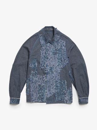 Post Industrial Disaster Gray-Blue Ragged Fabric Detailed Cotton Overshirt