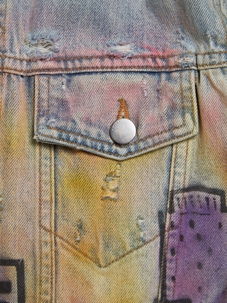 Amiri Blue and Multicolor Distressed City Sketched Cotton Denim Jacket