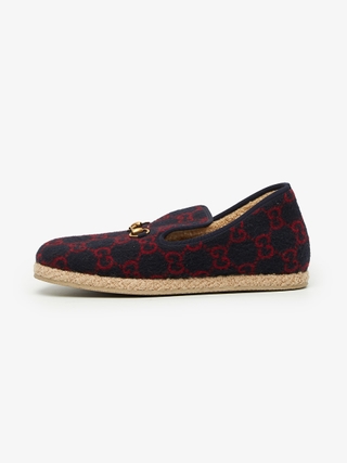 Gucci Navy and Red Monogram Sherpa Wool Slipons