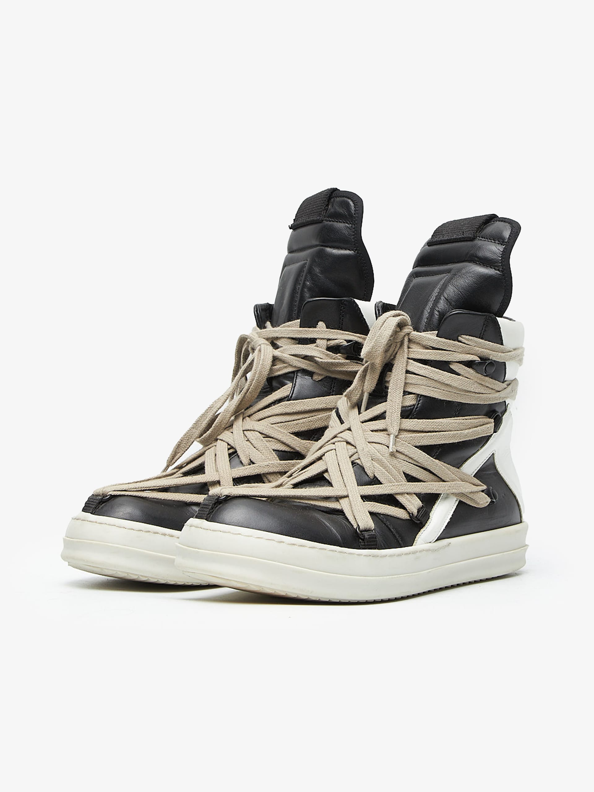 Rick Owens Black and White Megalace Leather Geobasket Sneakers