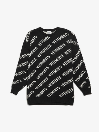 Vetements Black All Over Logo Printed Cotton and Cashmere Sweater